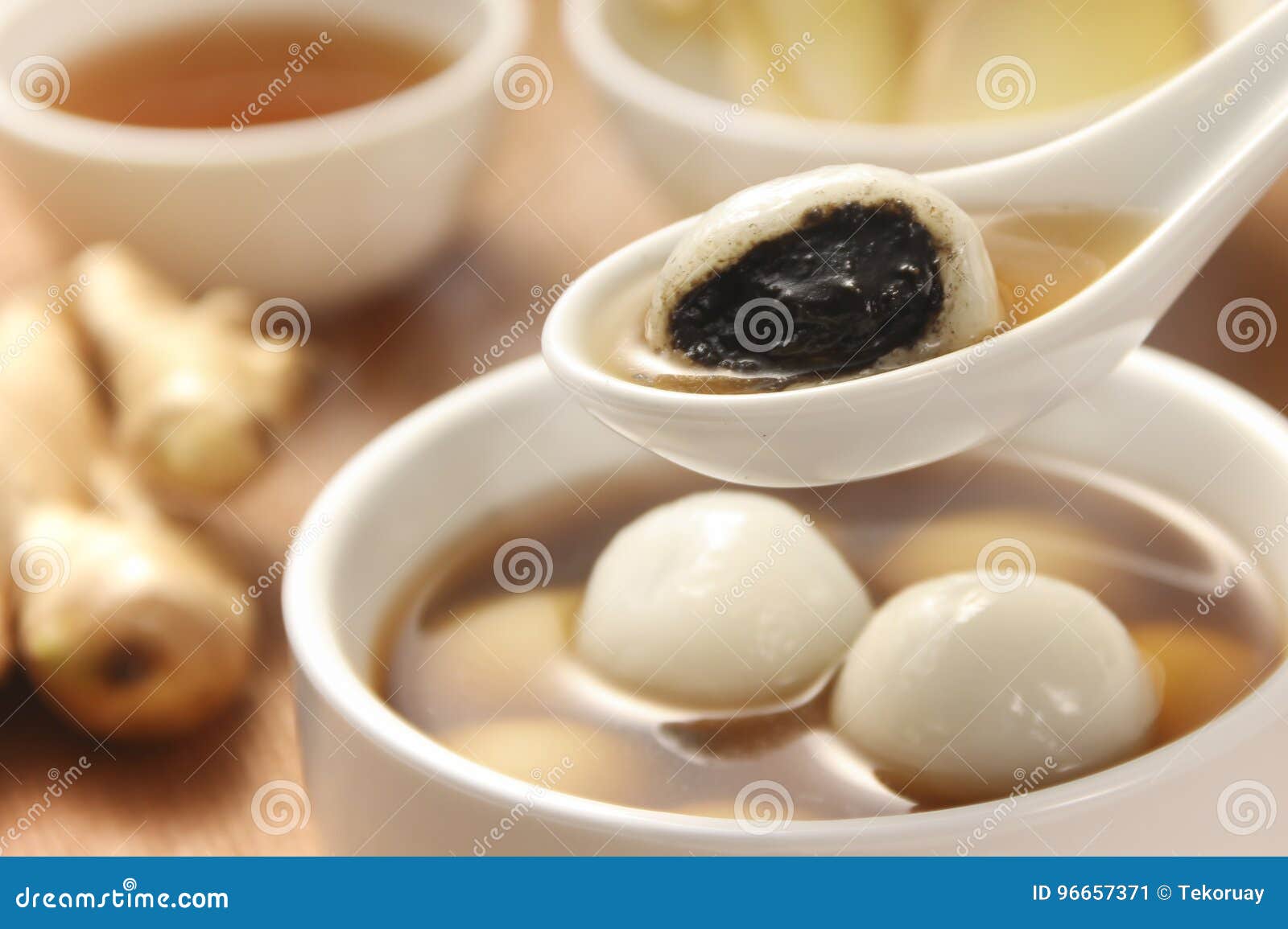 Black Sesame Dumpling in Sweet Ginger Tea. Stock Image - Image of still ...