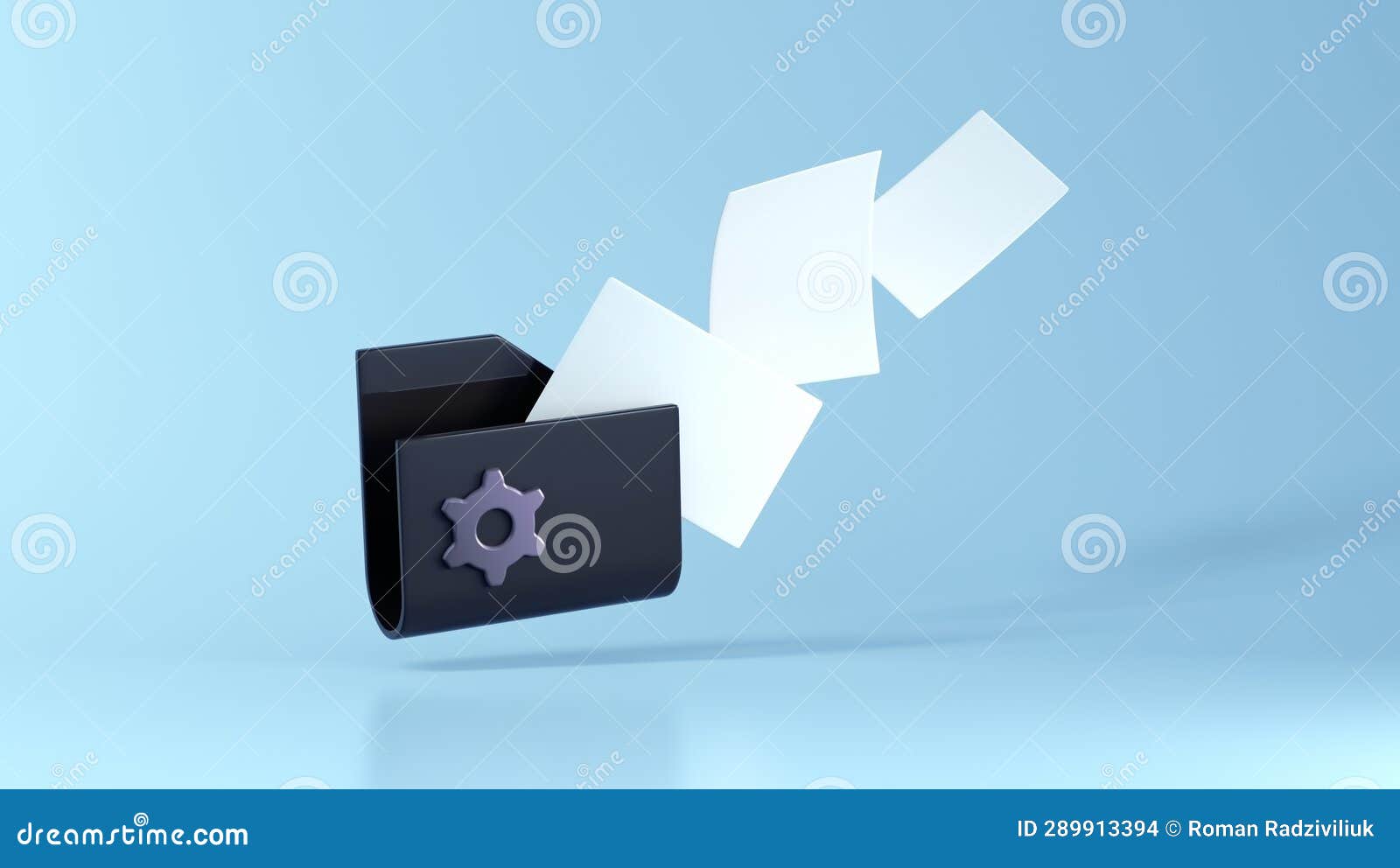 Black Setting Computer Folder with Flying Blank Documents. Stock ...