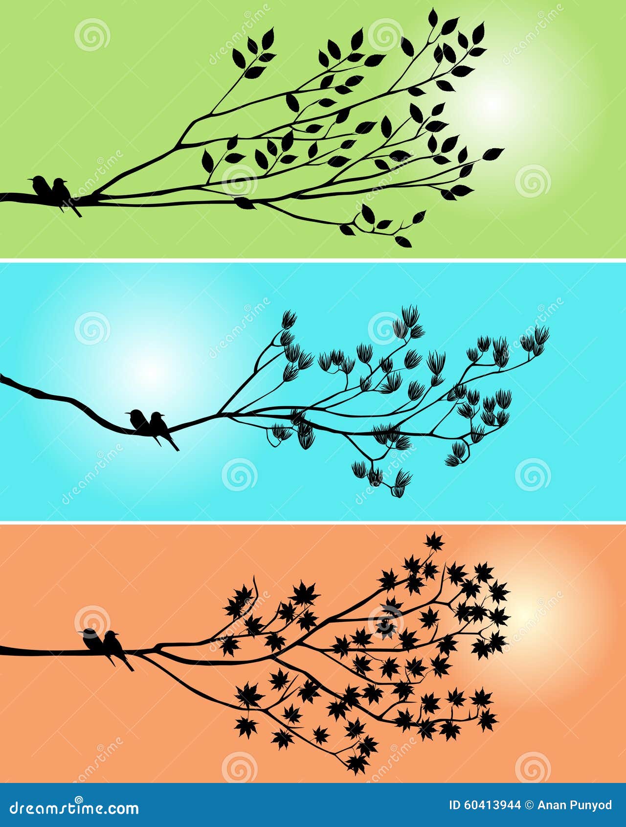 Black Shadow Bird and Tree Branch 3 Season Style Stock Vector ...