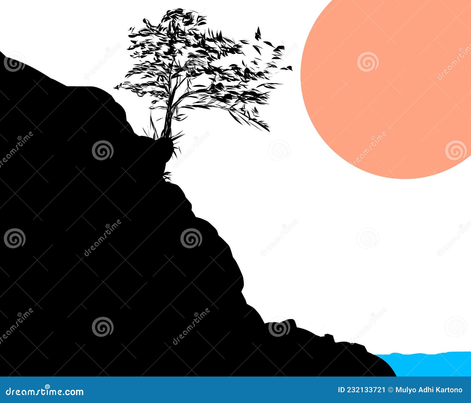 Black Shadow Cartoon Illustration of Natural Beach with Sunset Stock ...