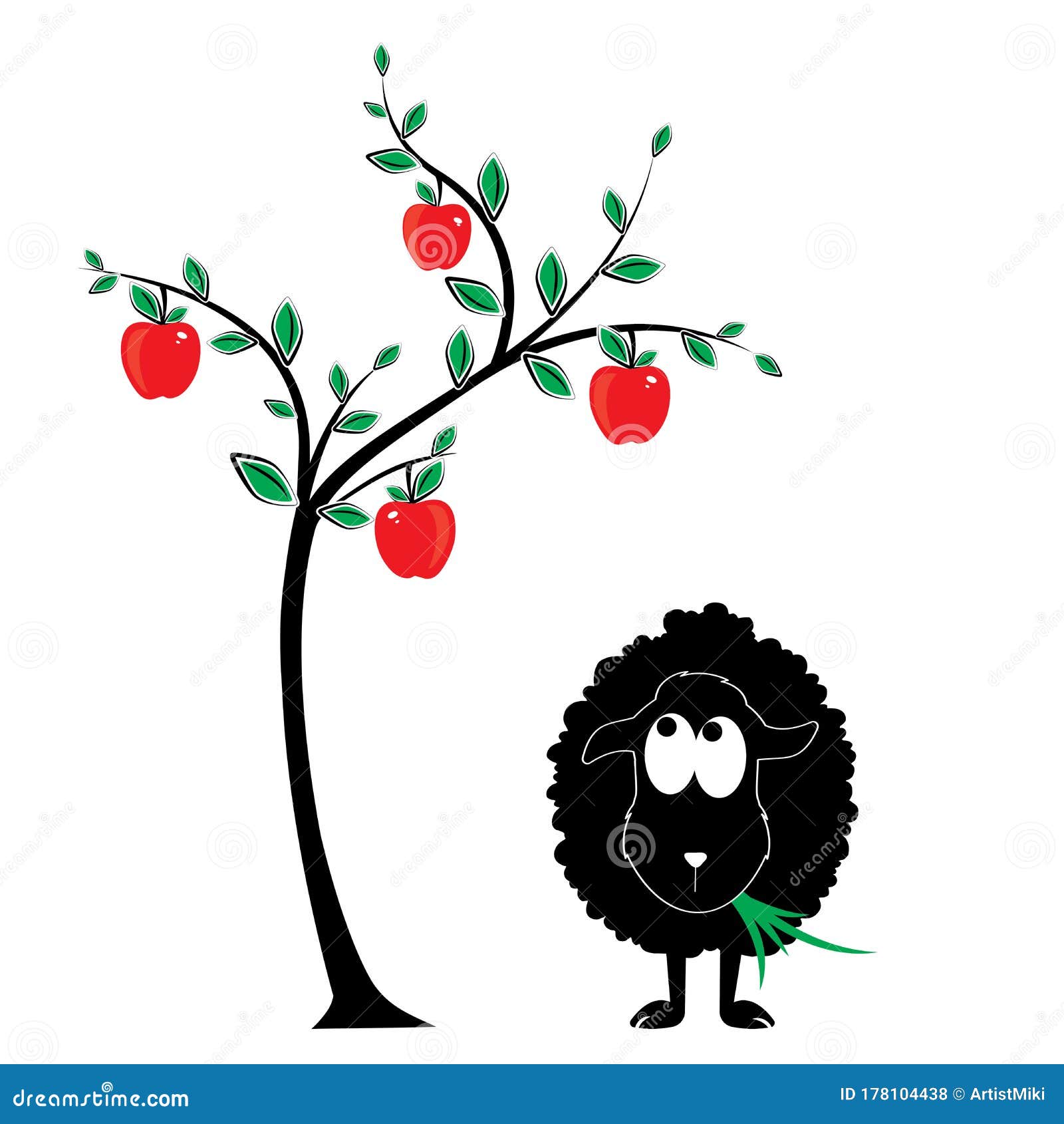 Black Sheep Silhouette and Apple Tree Illustration. Cartoon Character ...