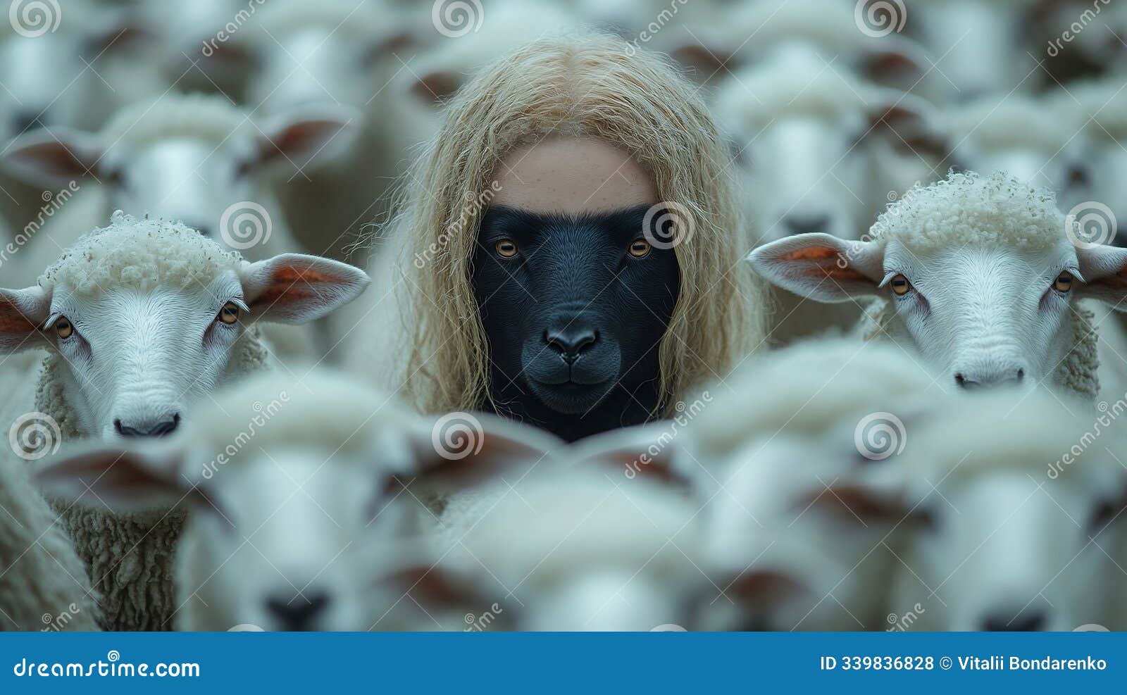 Black Sheep with a Human Face Standing among White Sheep. Stock ...