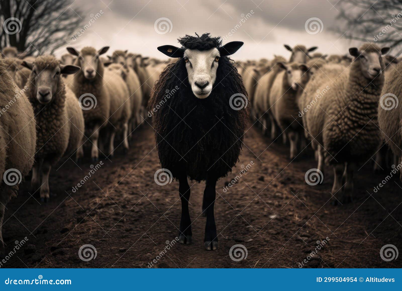 A Black Sheep Walking Opposite the Direction of a Flock of White Sheep ...
