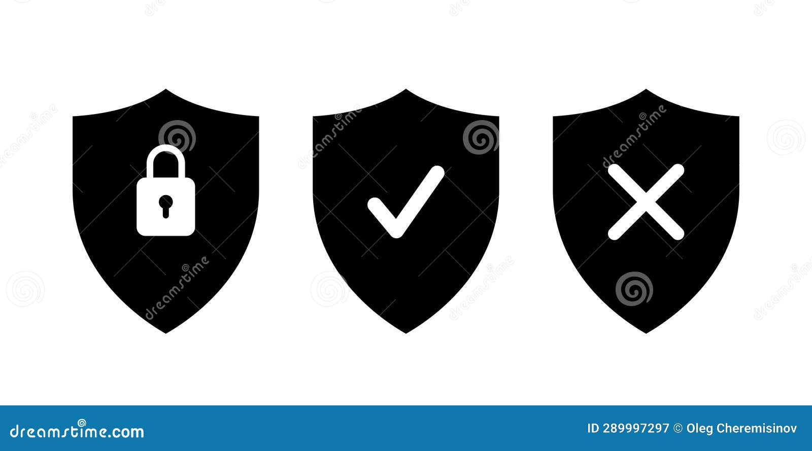 Black Shields with Check Mark, Cross and Closed Padlock Inside Vector ...