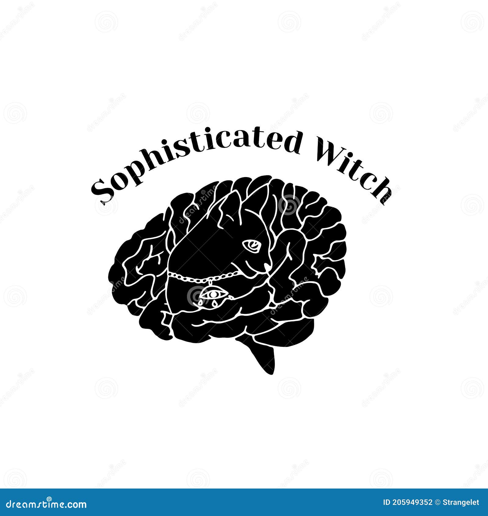 Black Silhouette of Cat Head Inside Brain and Text Sophisticated Witch ...