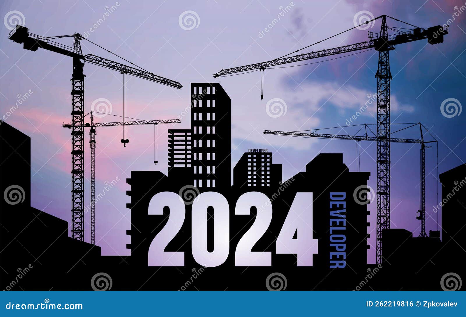 Black Silhouette of Construction with Crane and Cloudy Sky for Preparation of Welcome 2024 ...
