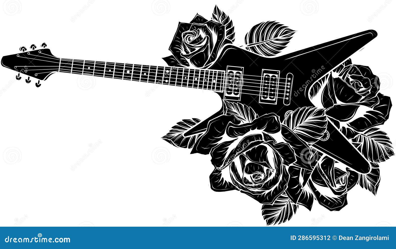Black Silhouette of Electric Guitar with Roses. Vector Isolated on ...