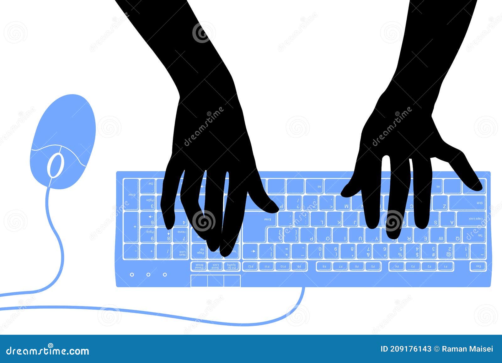 Black Silhouette of Female Hands with a Blue Computer Keyboard and ...