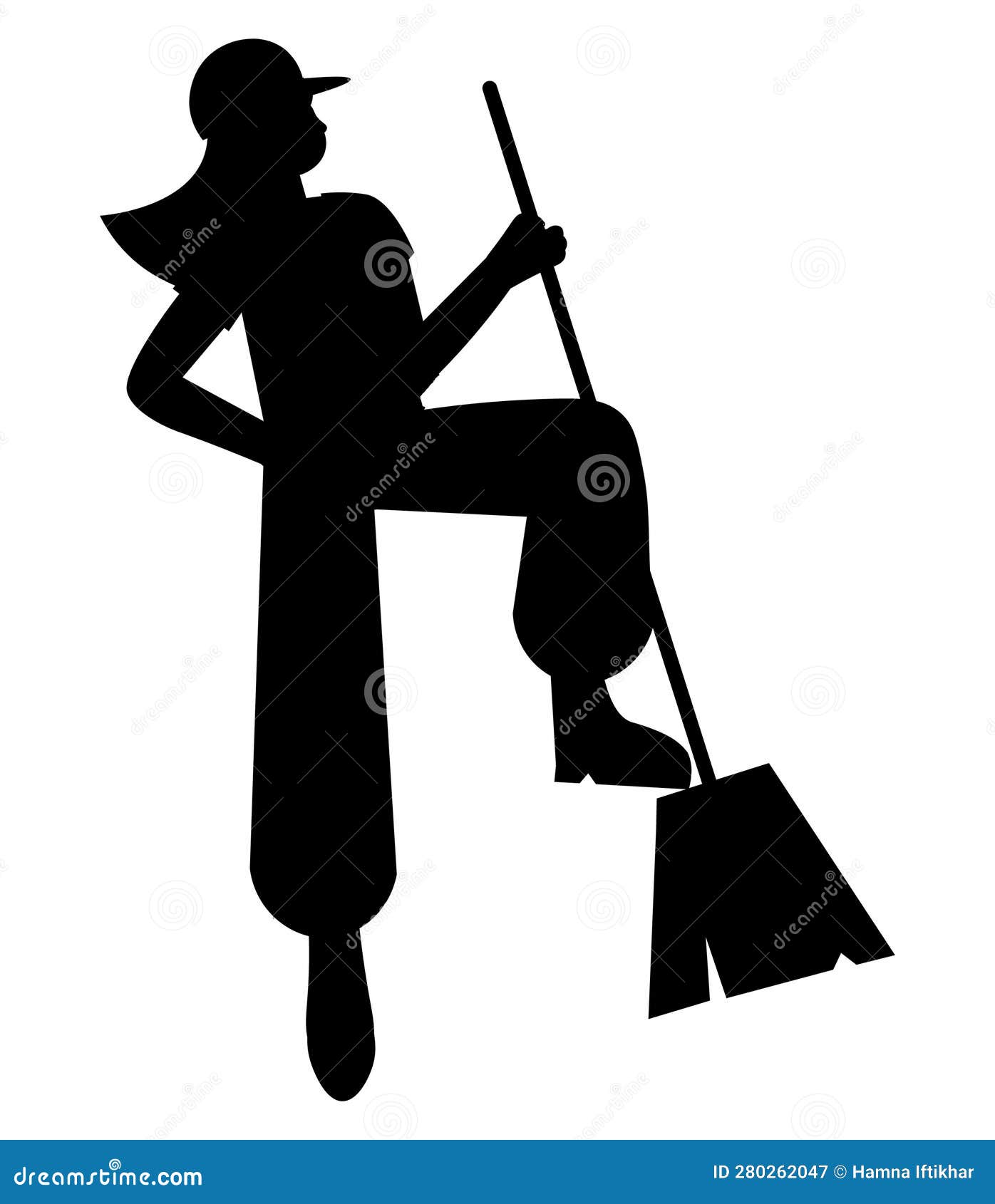 Black Silhouette of a Female Professional Sweeper Wearing a Cap ...