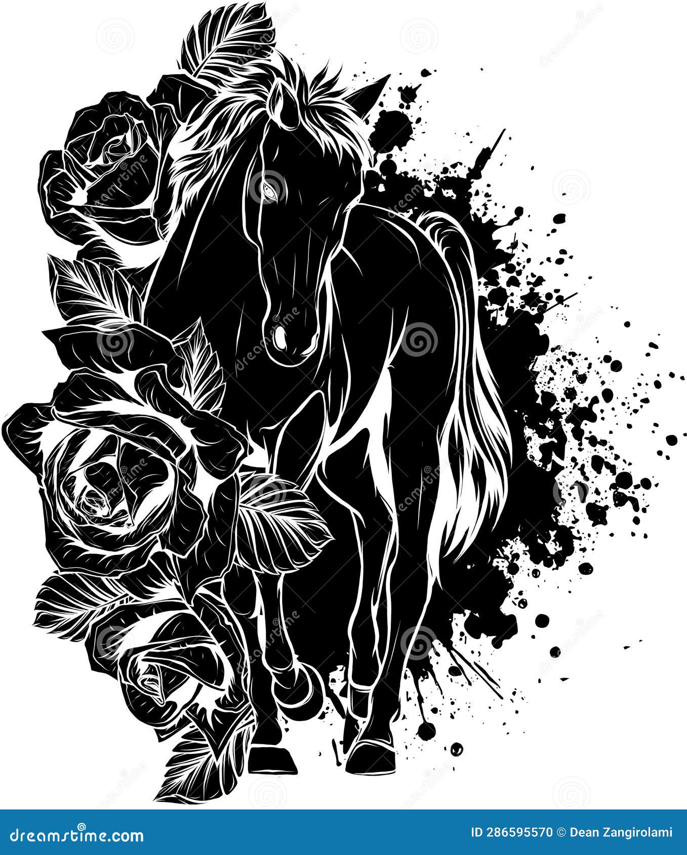 Black Silhouette of Horse with Red Rose on White Background Stock ...