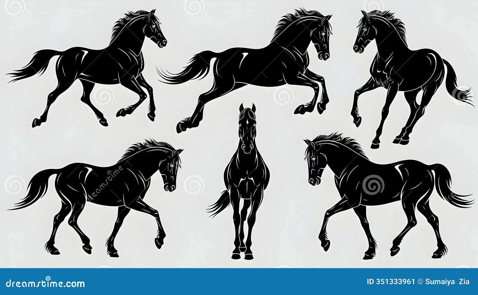 Black Silhouette Illustrations of Horses in Multiple Dynamic Poses ...