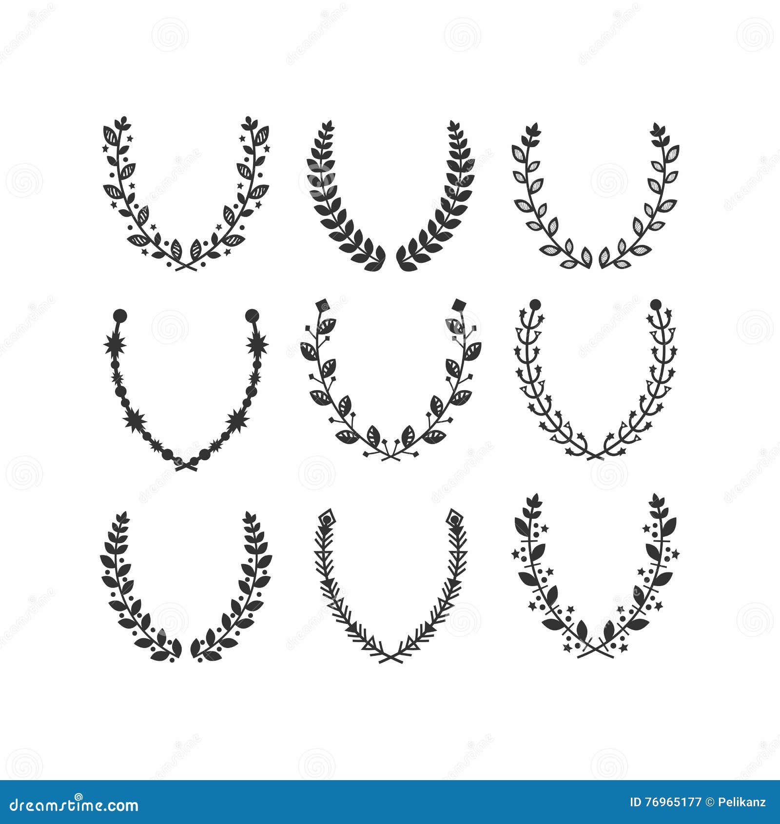 Black Silhouette Leaves Pattern Laurel Wreath Set On White Cartoon ...