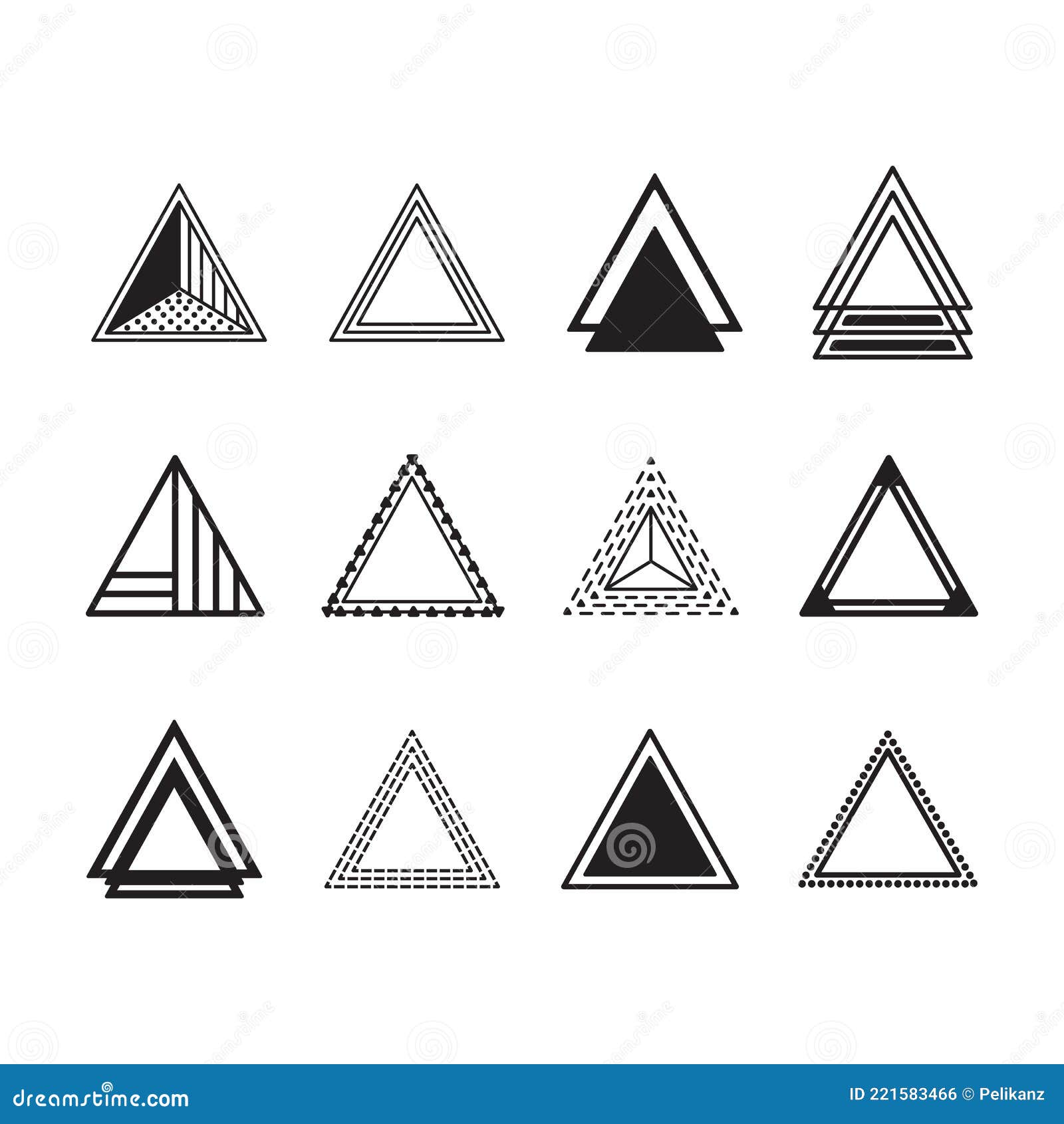 Black Silhouette and Line Equilateral Triangles Motifs and Icons Set on ...