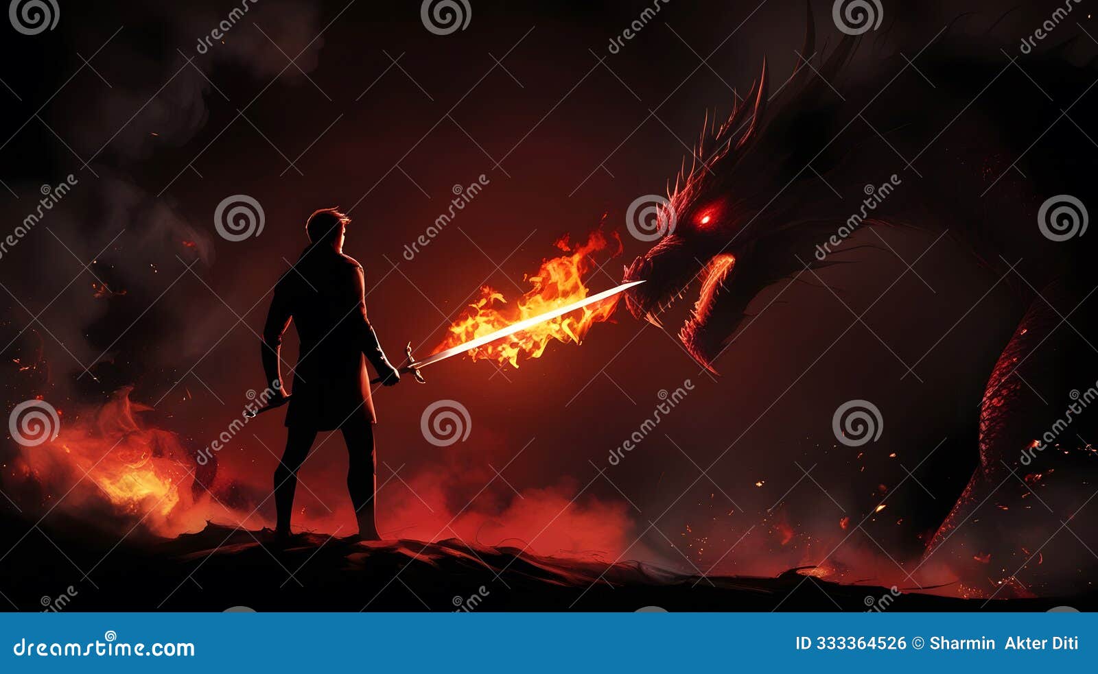 Black Silhouette of a Man with a Sword in His Hand and a Dragon in the ...