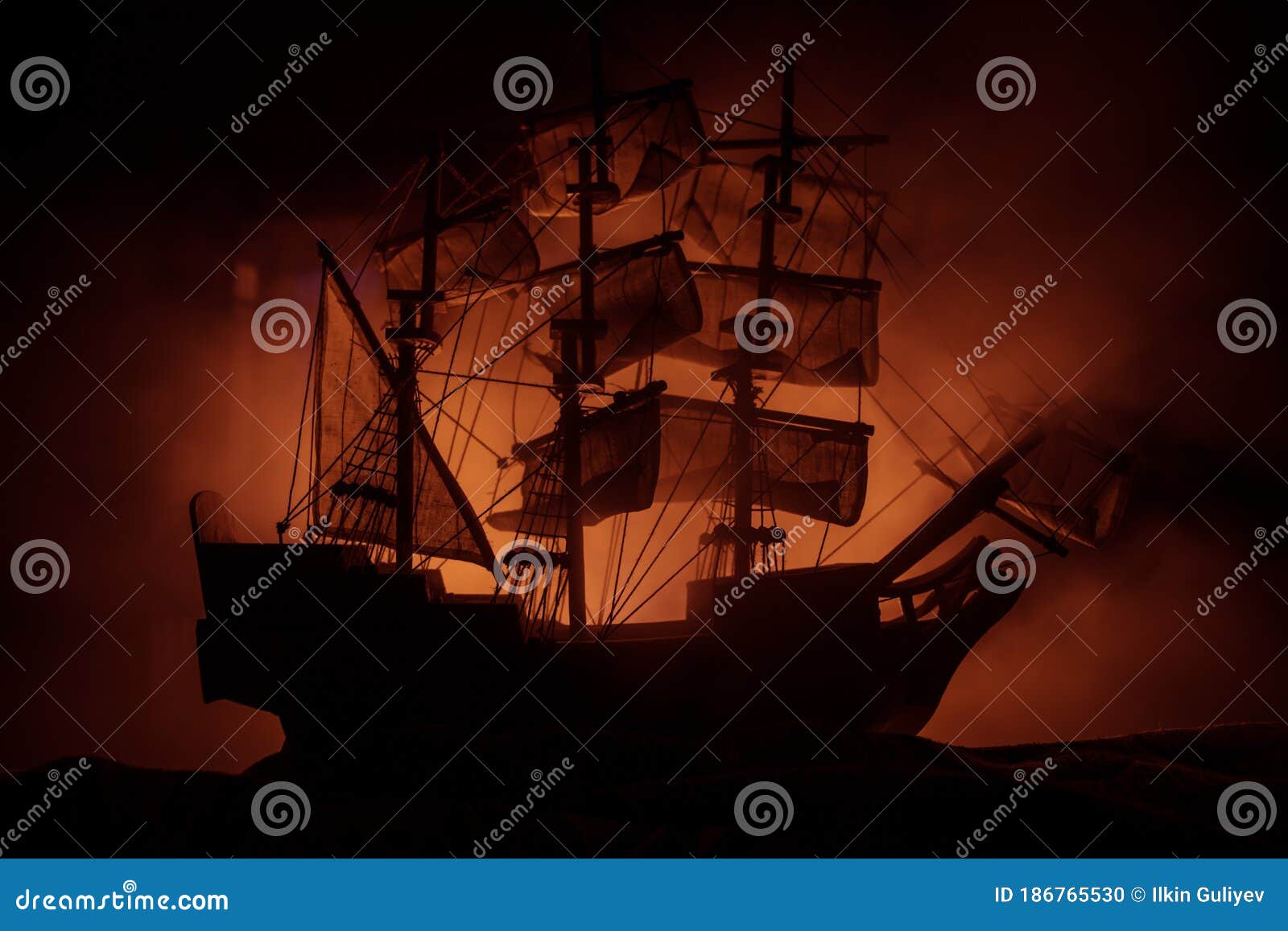 Black Silhouette of the Pirate Ship in Night Stock Photo - Image of ...