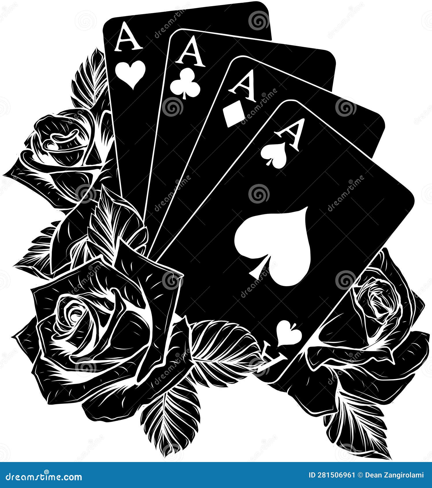 Black Silhouette of Poker Aces with Roses Stock Illustration ...
