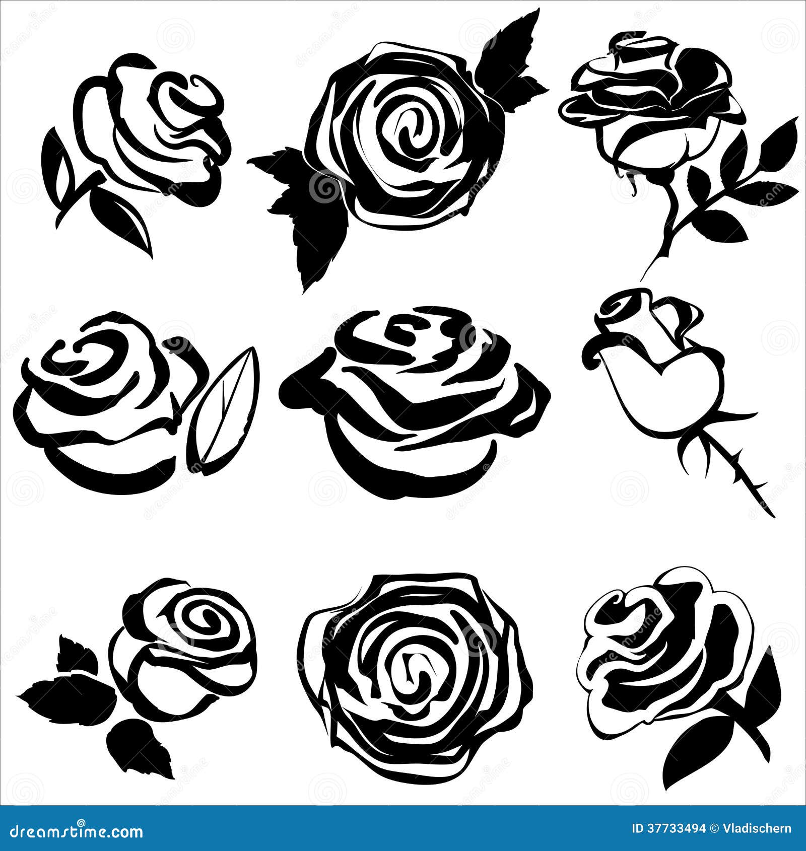 Black Silhouette of Rose Set Symbols Stock Vector - Illustration of ...
