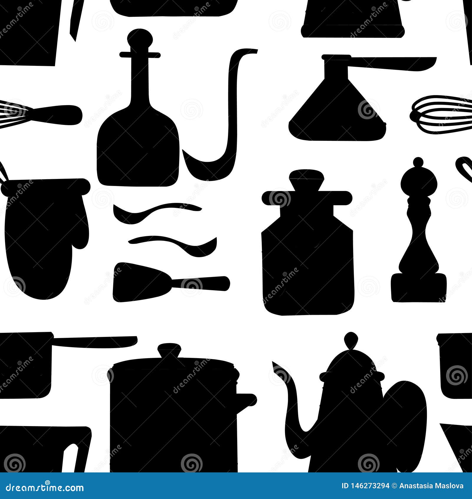 Black Silhouette. Seamless Pattern. Kitchen Utensils Set. Kitchenware ...