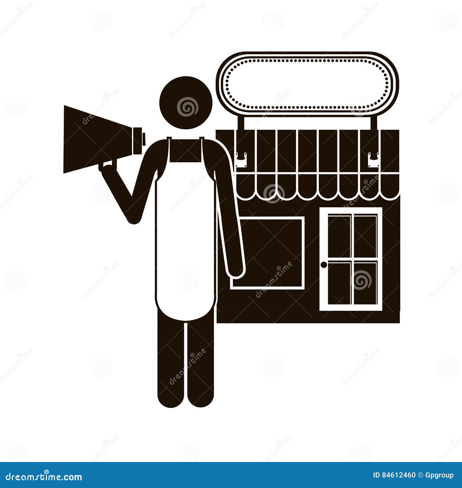 Black Silhouette Shopkeeper with Megaphone in Store Stock Vector ...