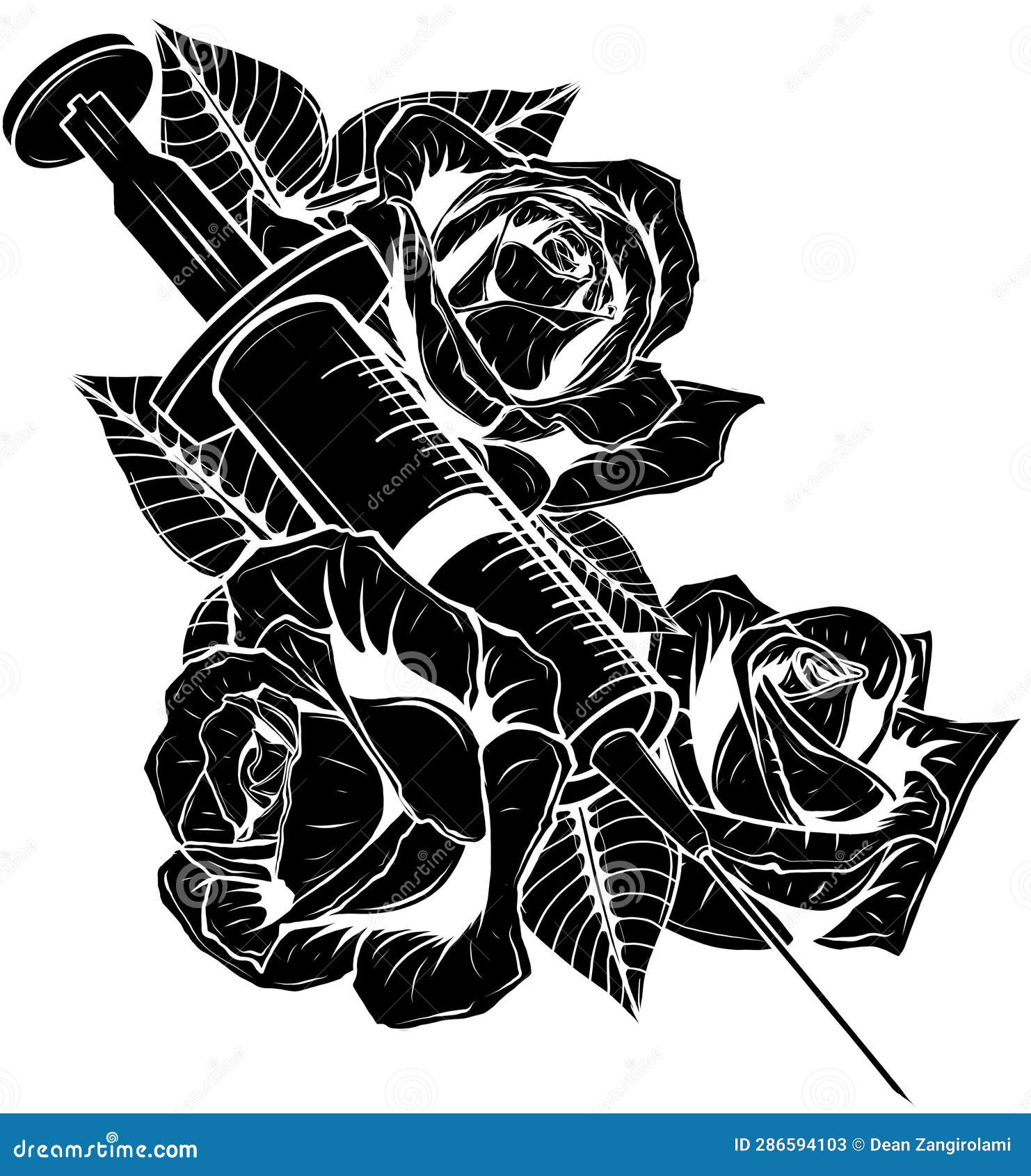 Black Silhouette of Syringe with Roses on White Background Stock ...