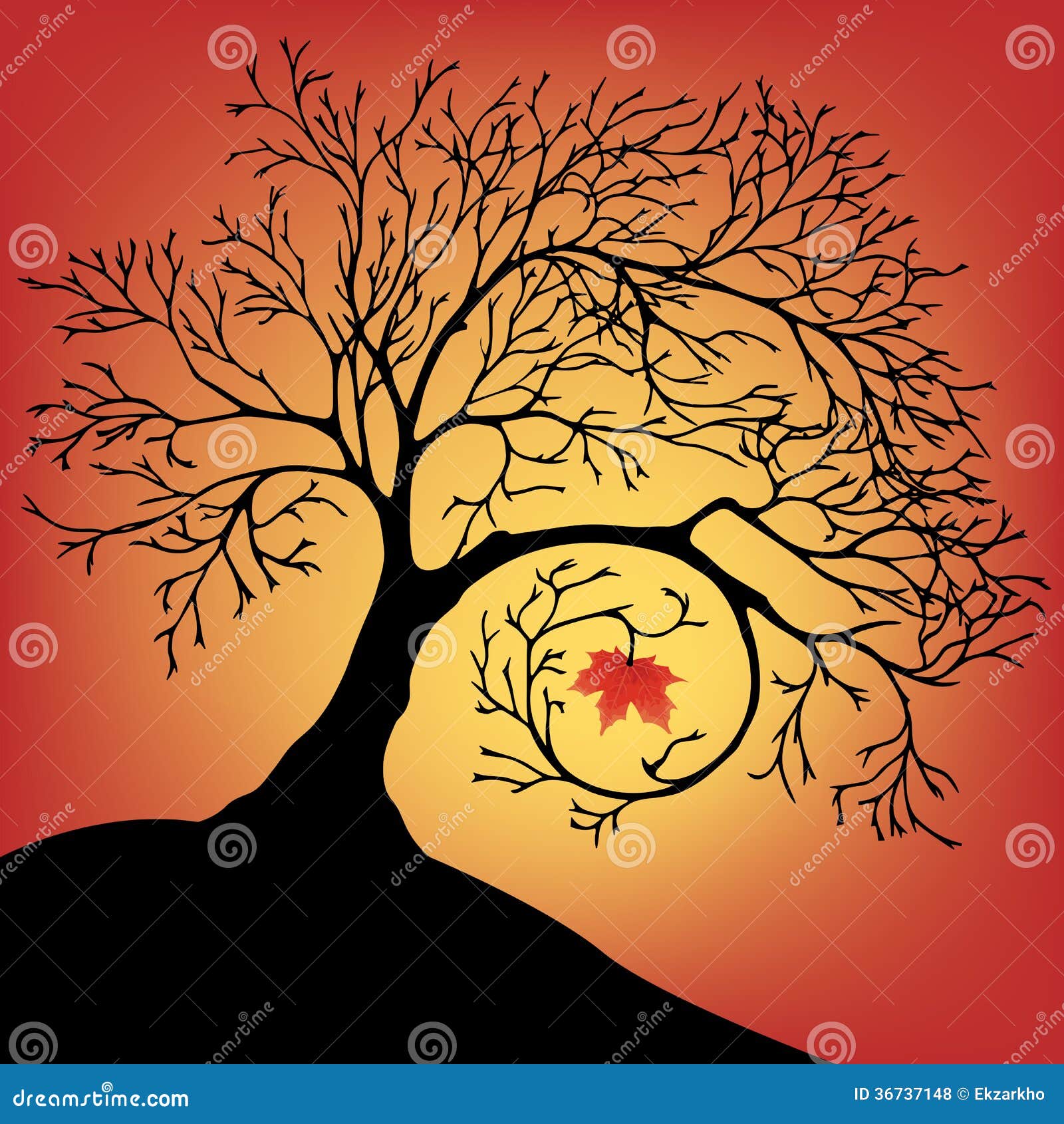 The Black Silhouette Tree with One Leaf Stock Illustration ...