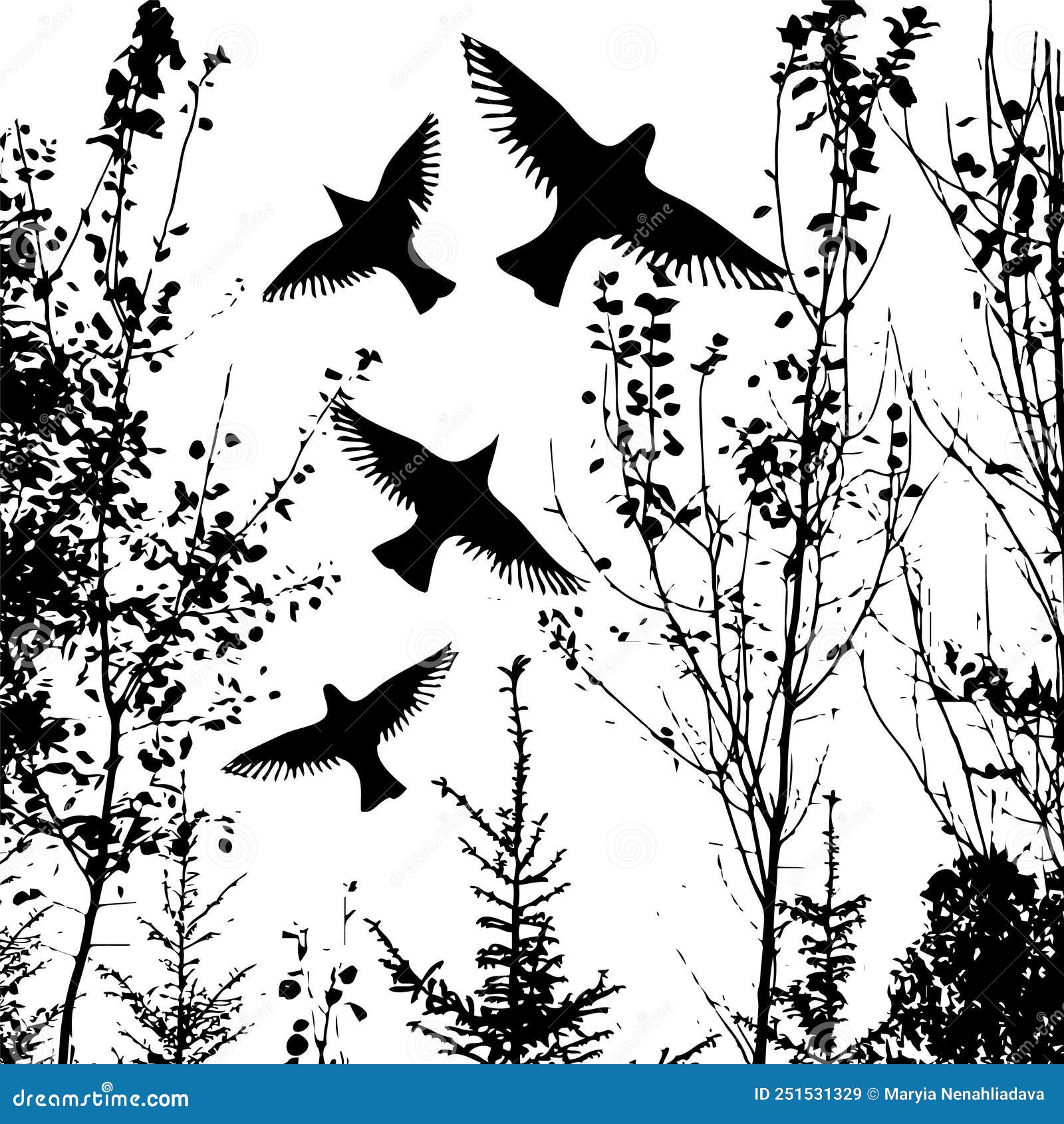 Black Silhouette of Trees with Flying Birds. Vector Illustration Stock ...