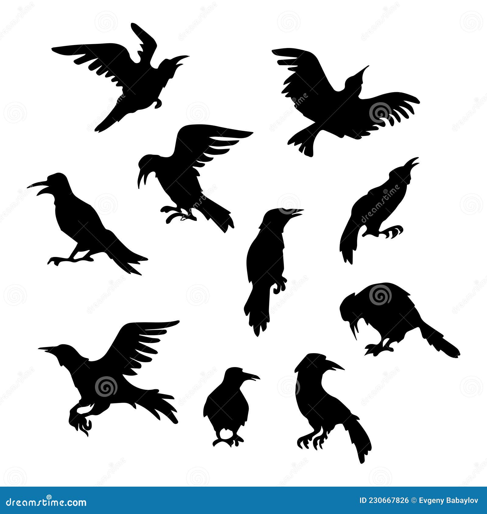 Black Silhouettes of 10 Different Ravens on a White Background - Vector ...