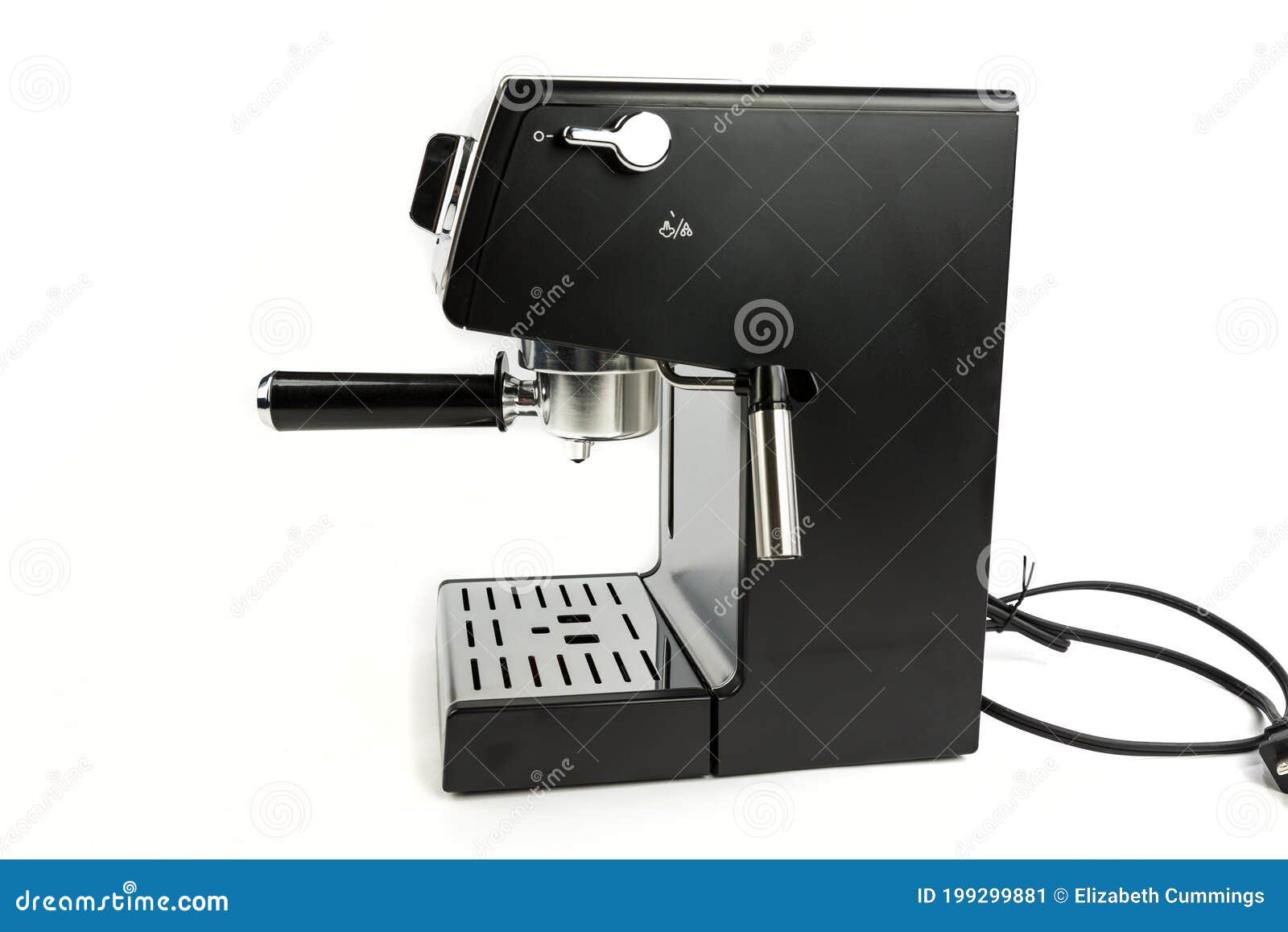 Black and Silver Espresso Machine with Cord Coiled Behind it Side View ...