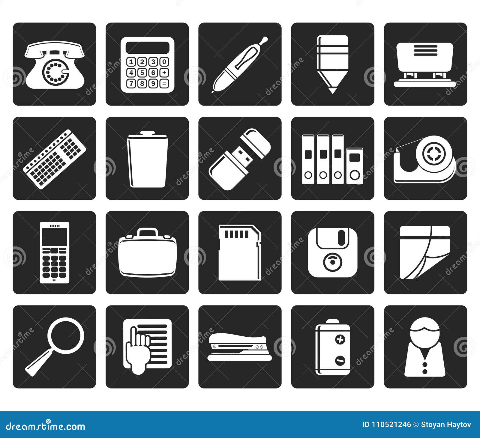 Black Simple Office Tools Icons Stock Vector - Illustration of phone ...