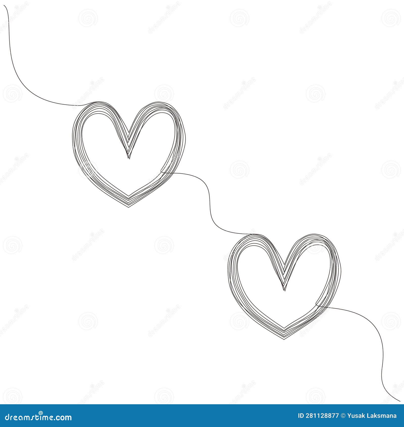 Two Linked Hanging Heart, Continuous One Line Drawing of Heart. Black ...