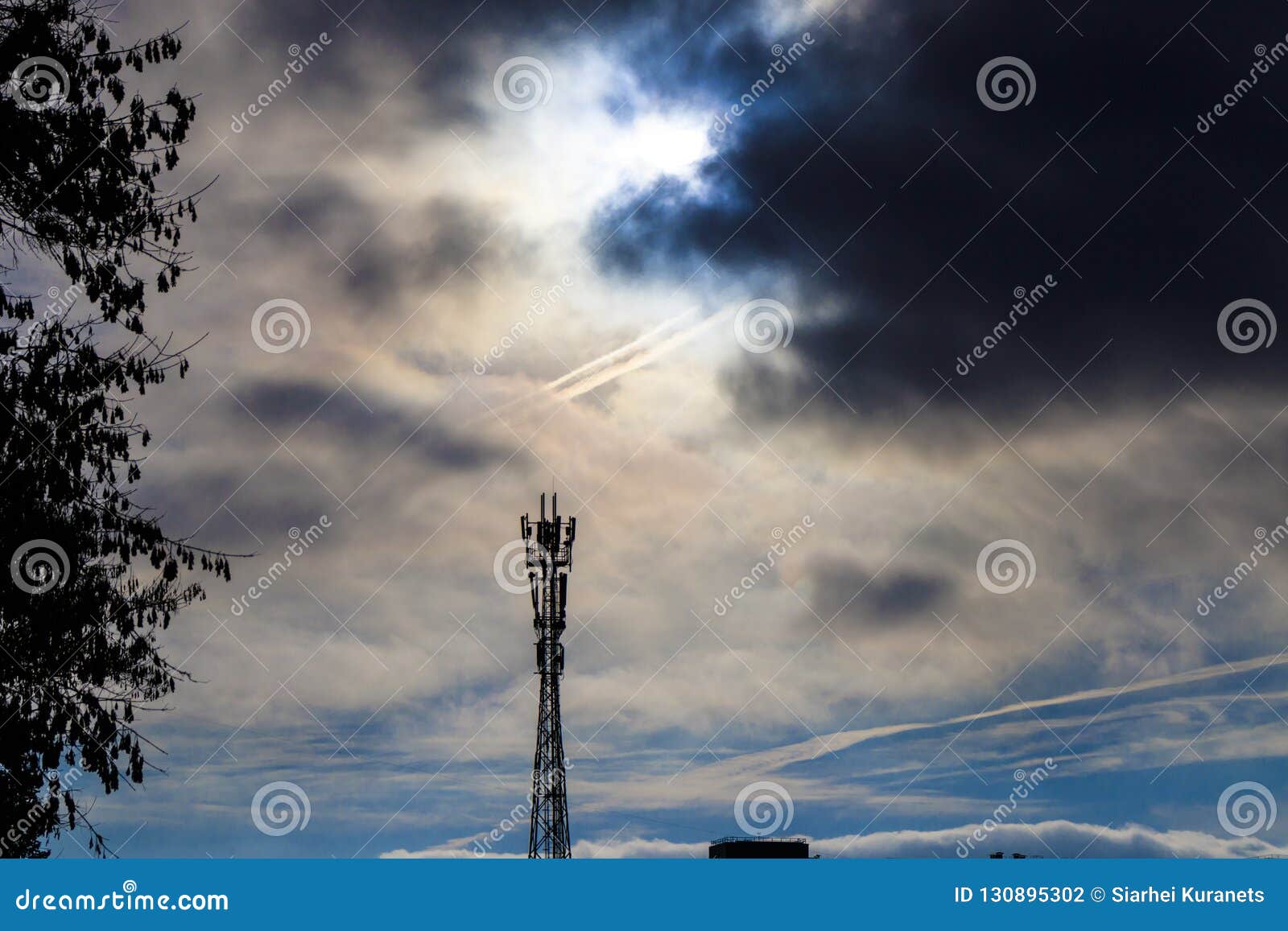 Black Sky. Telecommunication Tower Against a Stormy Cloudy Sky Stock ...