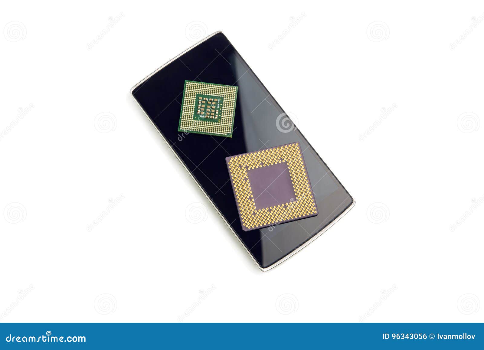 Black Smart Phone with Two Computer Processor Chips Stock Photo - Image ...