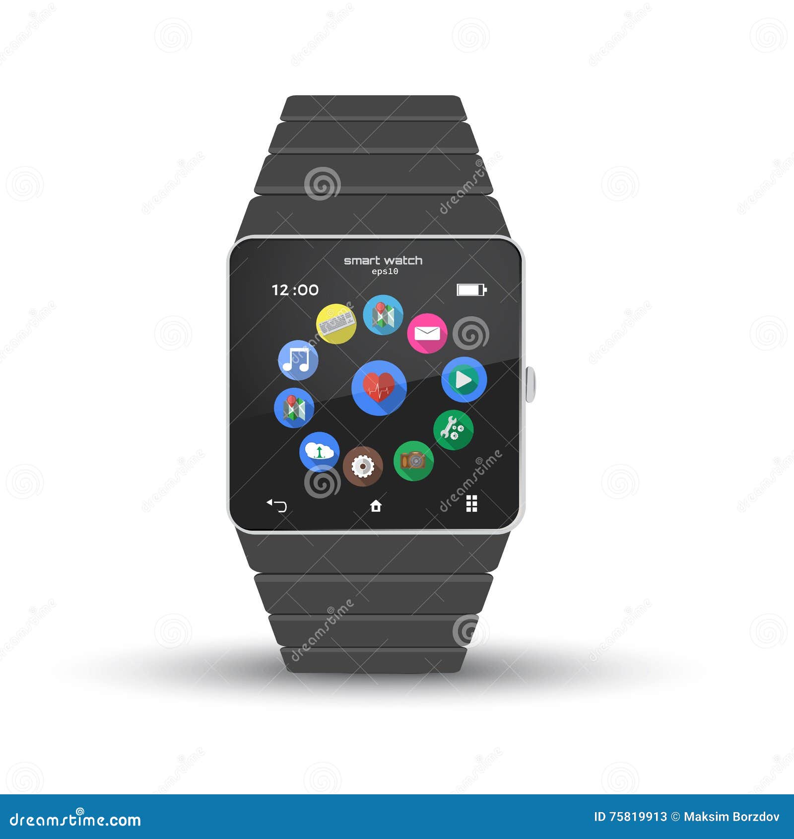 Black Smart Watch with Flat Icons Stock Vector - Illustration of ...