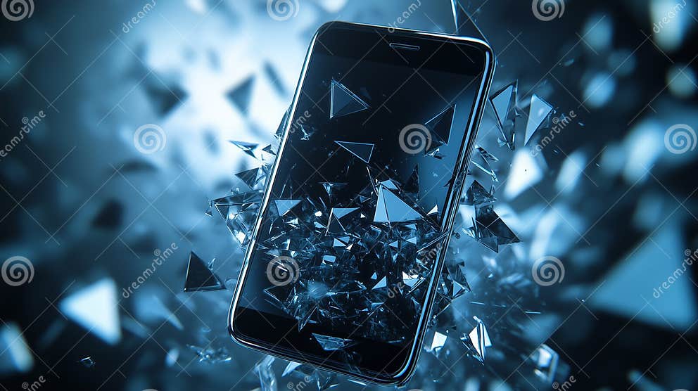 Black Smartphone with Exploding Glass Fragments Highlighting Technology ...