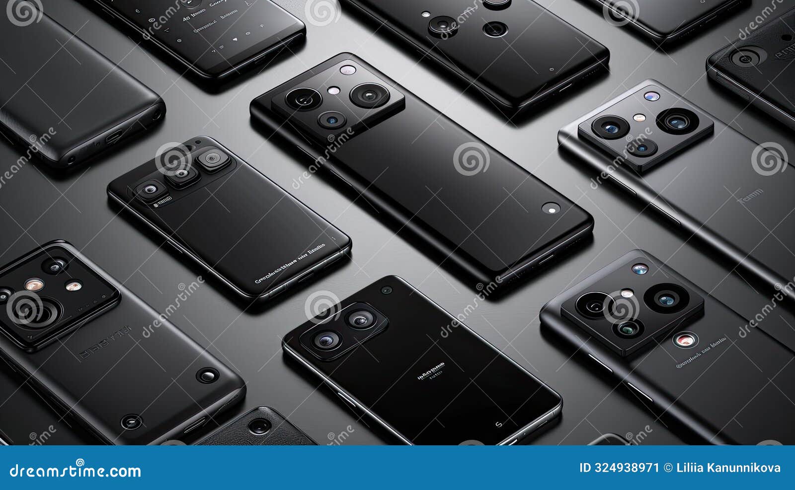 Black Smartphones with Various Camera Configurations are Arranged on a ...