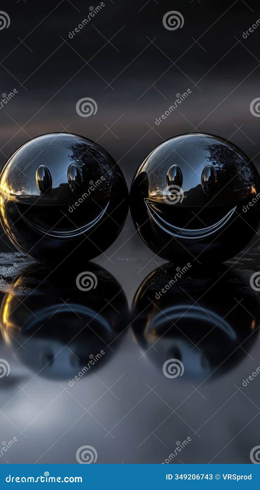 Black Smiley Face Spheres Reflected on Shiny Surface Stock Image ...