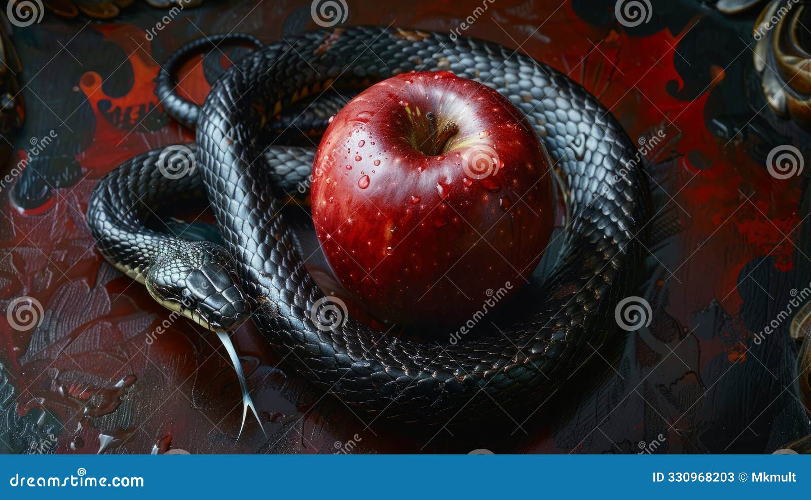 A Black Snake Coils Around a Shiny Red Apple on a Dark Surface with ...