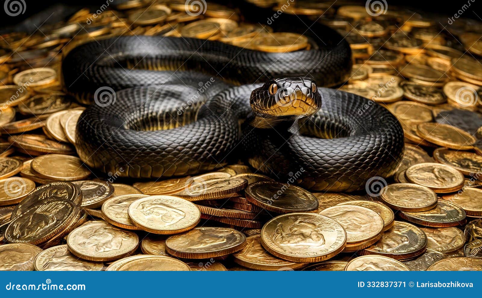 A Black Snake Guarding Pile of Coins Stock Illustration - Illustration ...