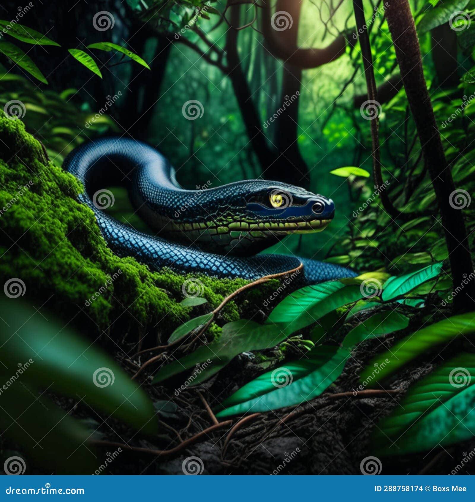 A Black Snake in the Jungle. 3d Rendering. Computer Digital Drawing ...