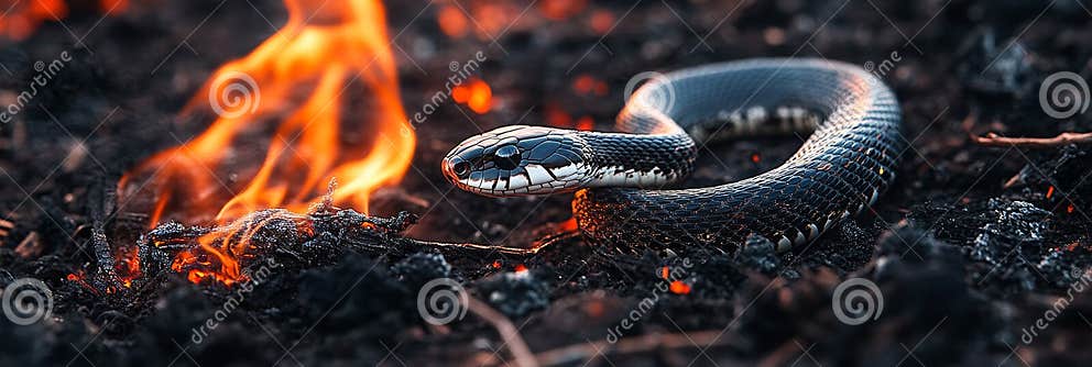 Black Snake Navigating Charred Ground with Raging Fire in Background ...