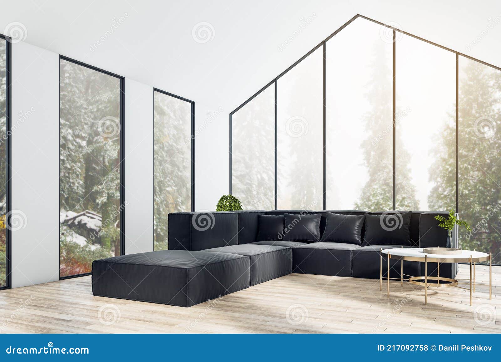 Black Sofa in a Bright Room with Big Panoramic Triangular Shaped ...