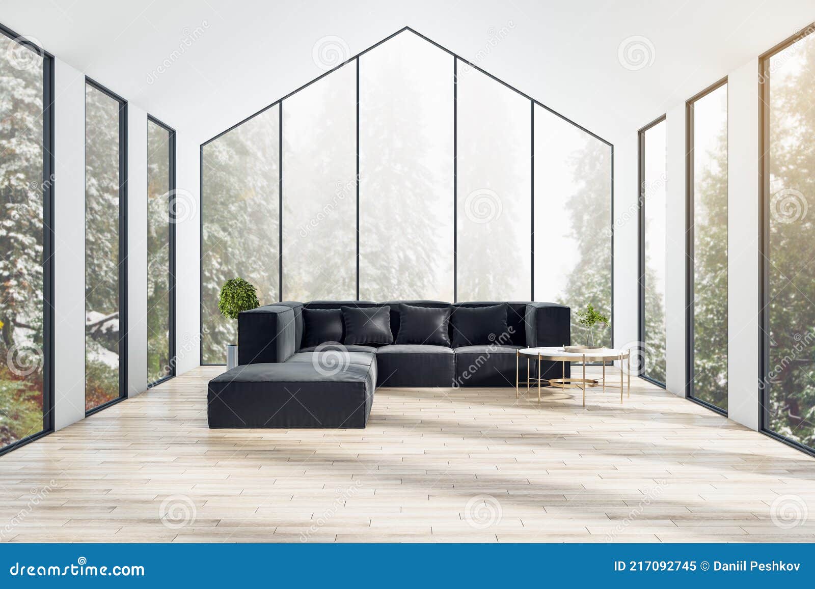 Black Sofa in a Bright Room with Big Panoramic Triangular Shaped ...