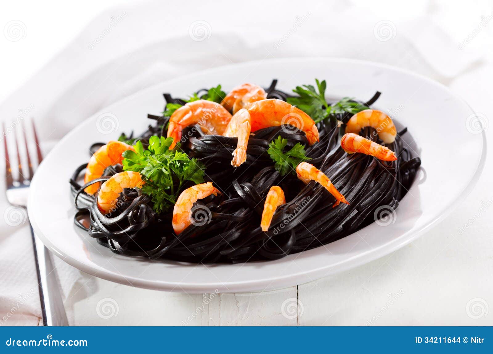 Black Spaghetti with Prawns Stock Photo - Image of cuttlefish ...