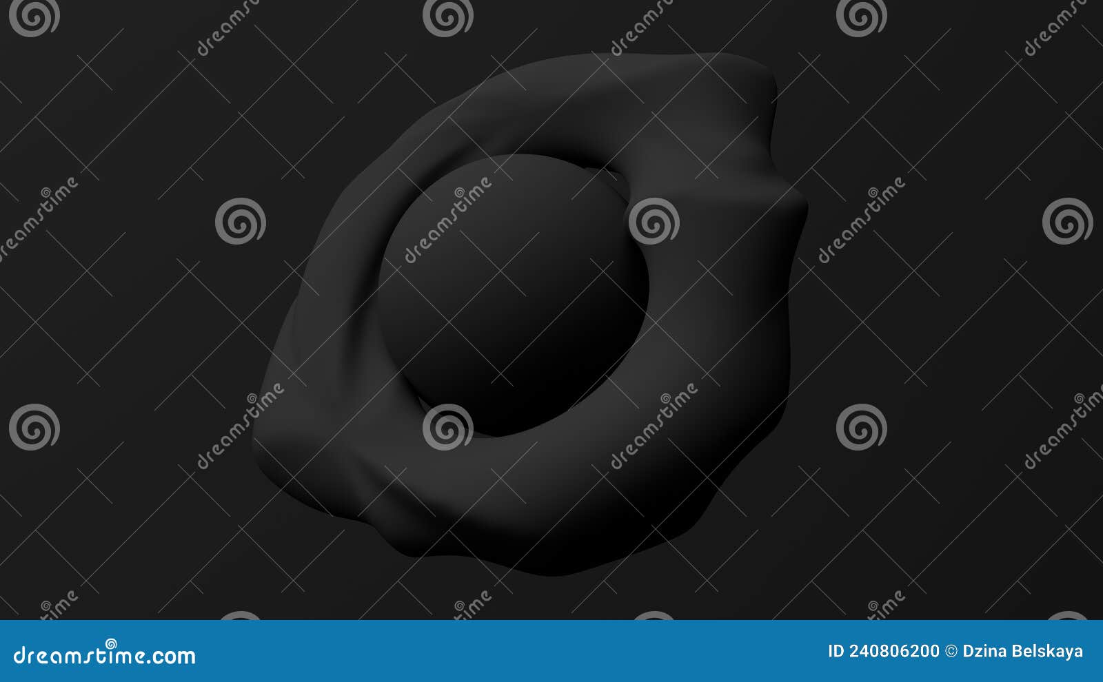 Black Sphere and Deformed Circle Shape, Black Background. Abstract ...