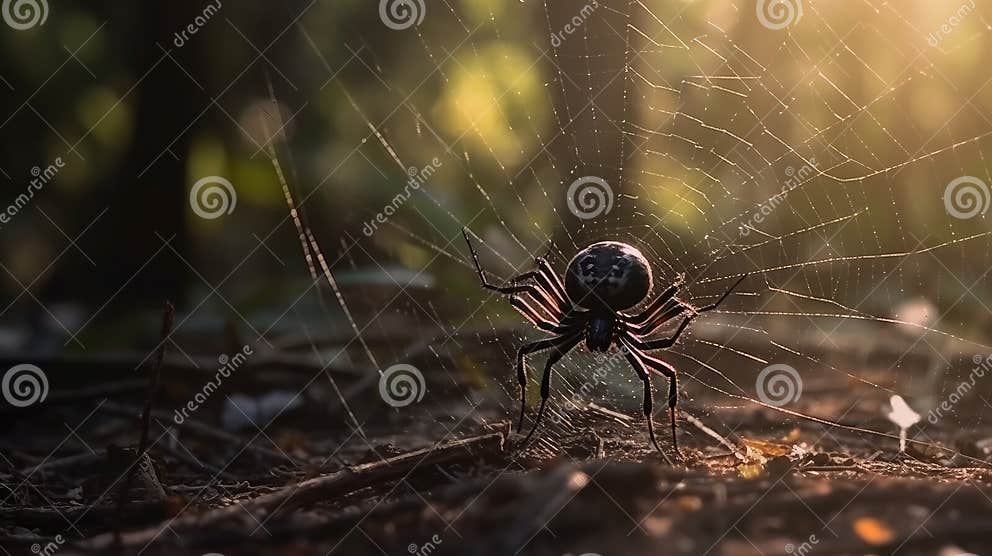 Black Spider on a Web with Sun Rays. Generative AI Stock Illustration ...