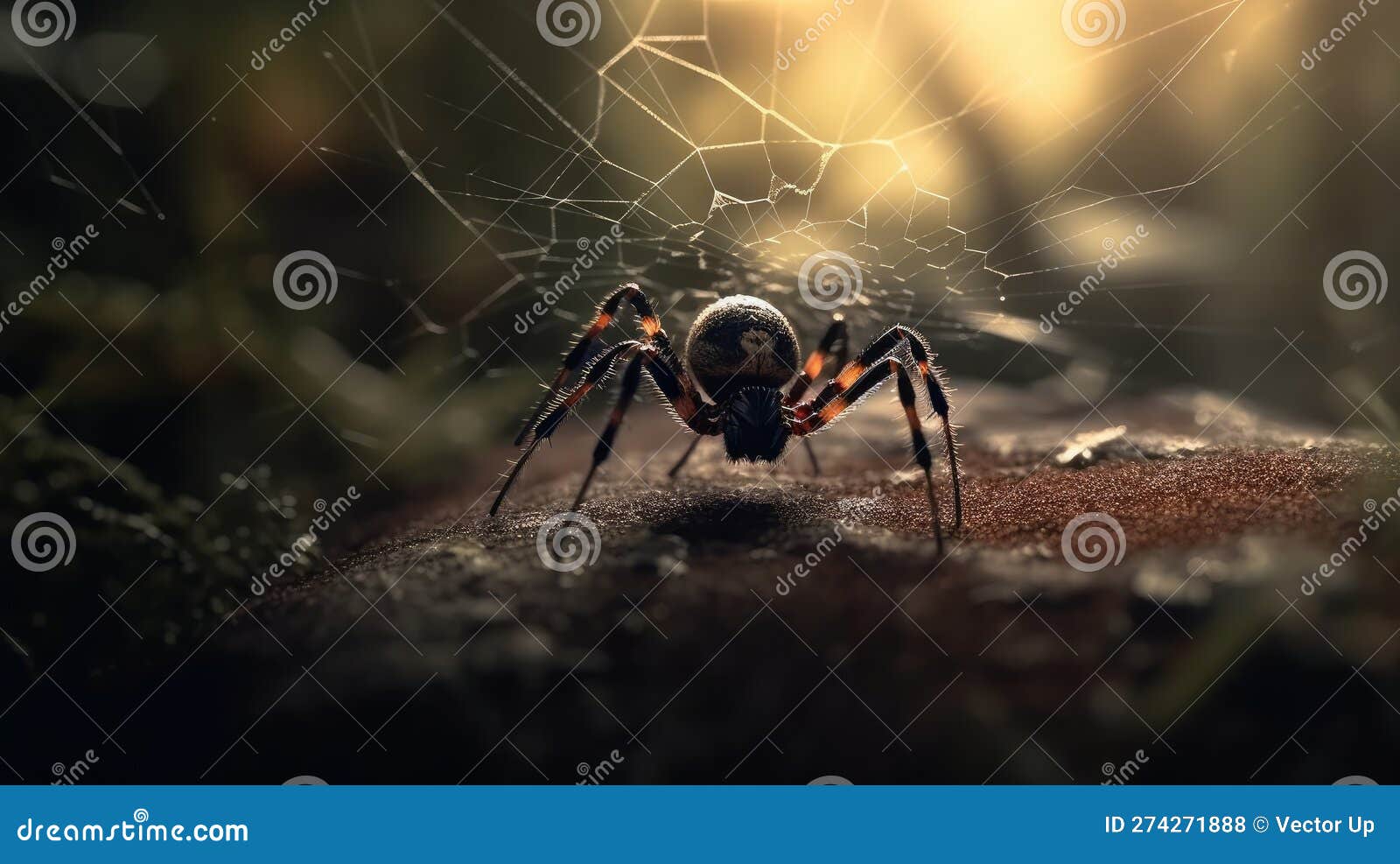 Black Spider on a Web with Sun Rays. Generative AI Stock Illustration ...