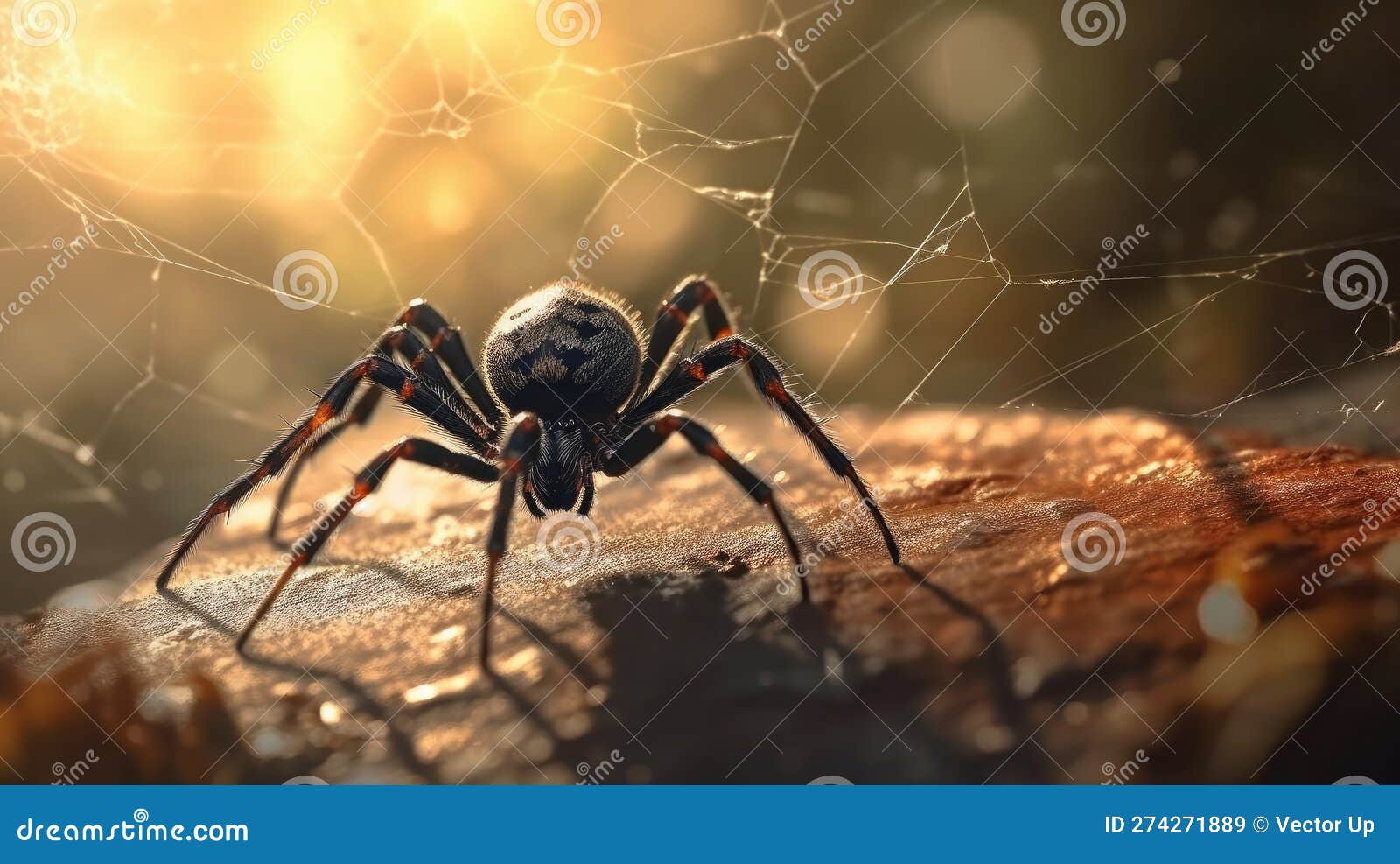 Black Spider on a Web with Sun Rays. Generative AI Stock Illustration ...