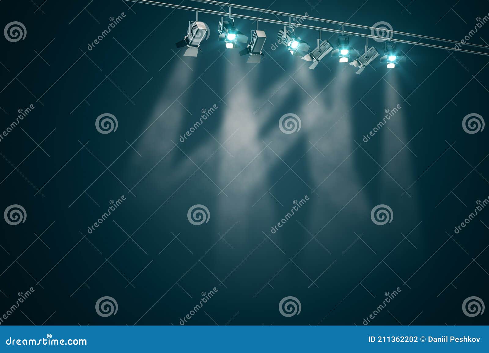 Black Spotlights on Rail with Beams of Light in the Smoke Stock ...