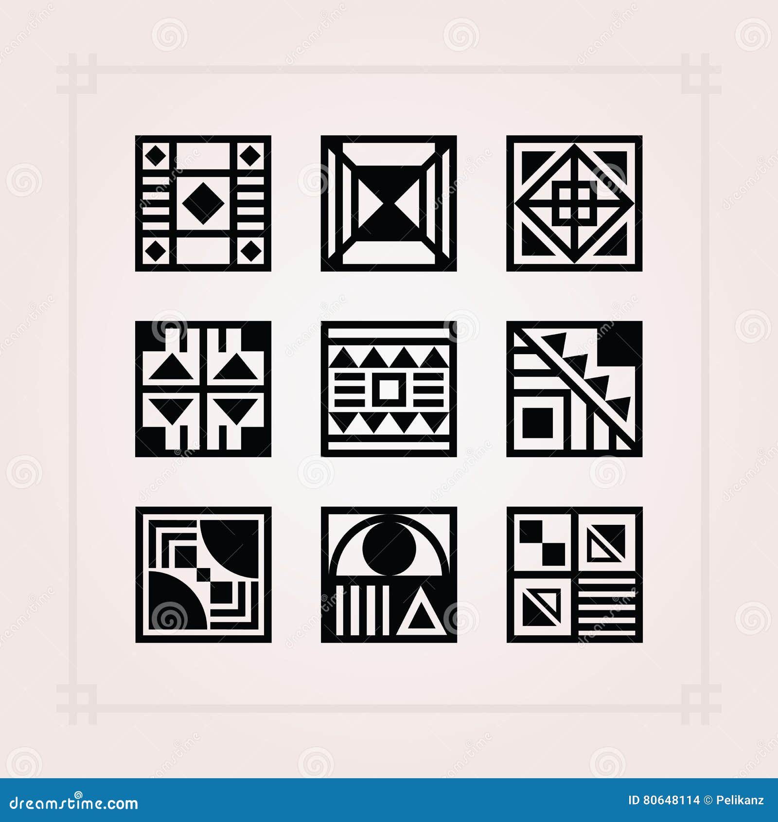 Black Square Shape Patterns Tiles Icons Set on Pink Background Stock ...