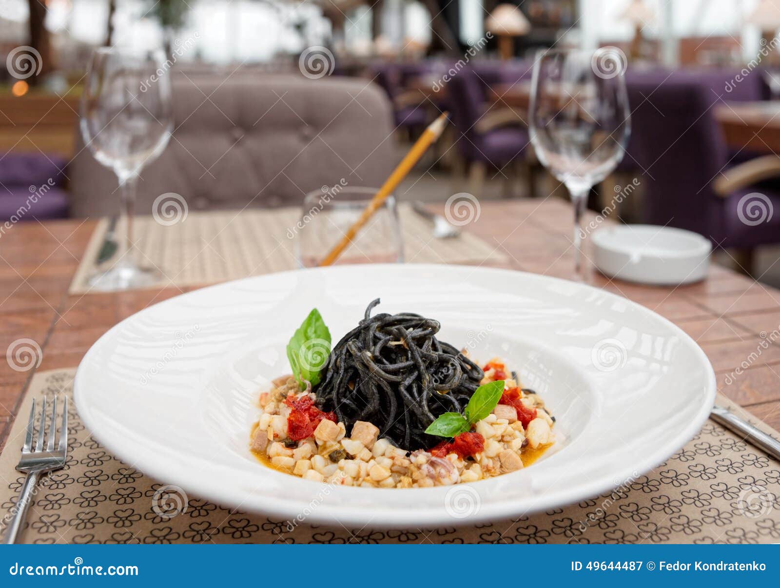 Black Squid Ink Pasta with Seafood on Table Stock Image - Image of ...
